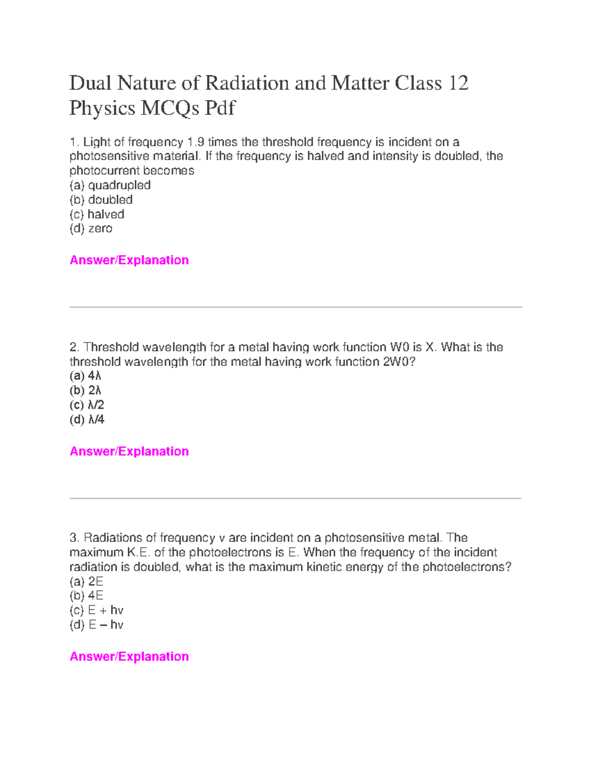 Dual Nature of Radiation & Matter: Class 12 Physics MCQs Guide - Studocu