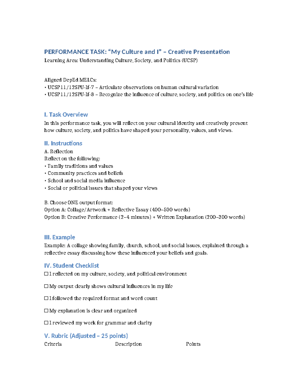 UCSP Performance Task: My Culture and Creative Presentation - Studocu