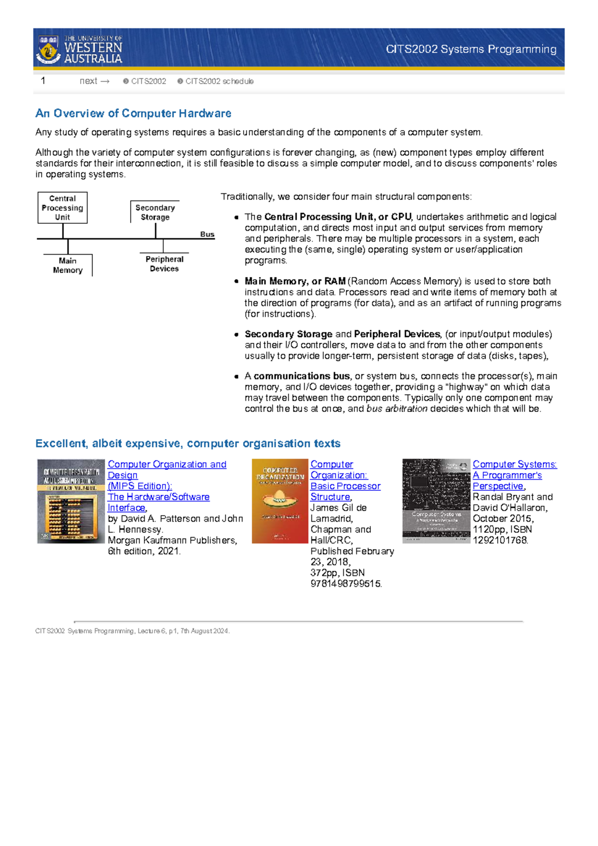 CITS2002 Systems Programming: Lecture 6 - Computer Components Overview - Studocu
