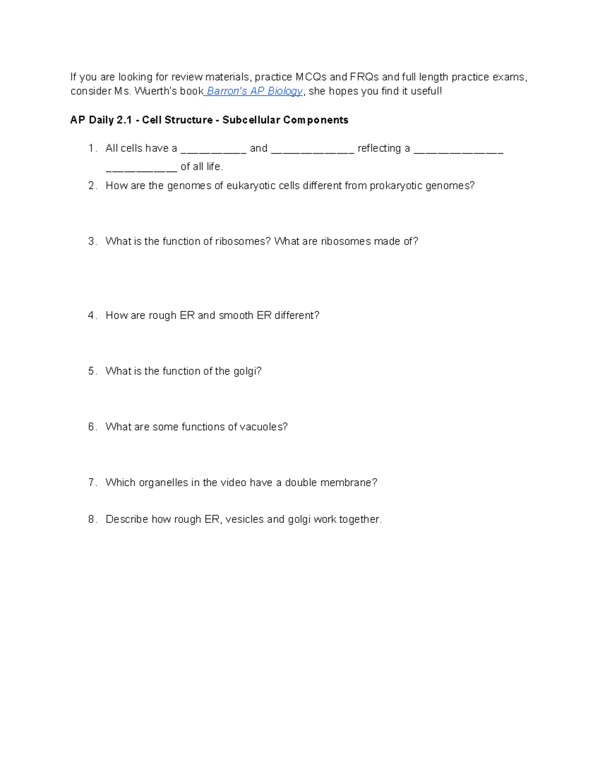 AP Bio Lecture Notes: Cell Structure & Subcellular Components - Studocu
