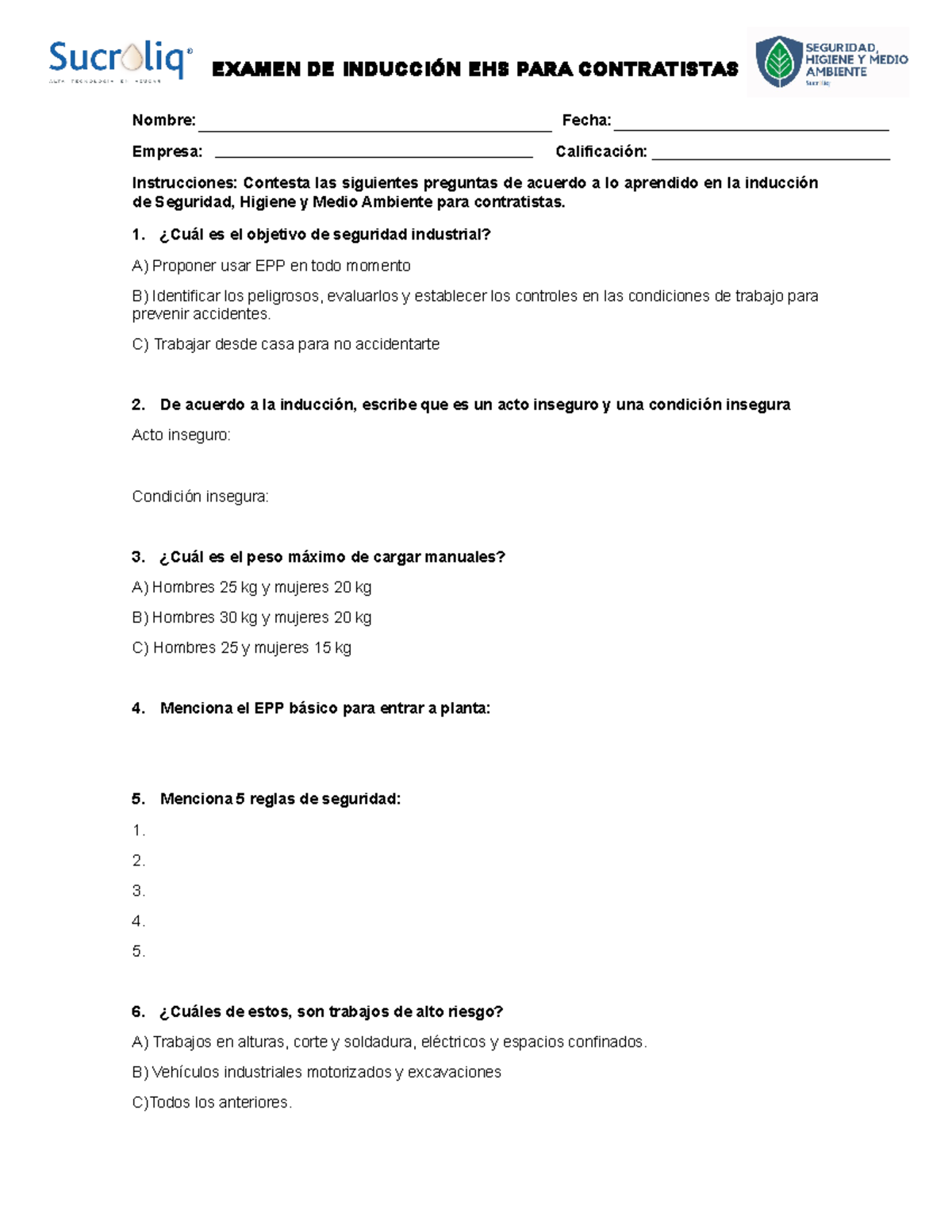 Examen de Inducción EHS para Contratistas - Seguridad y Riesgos - Studocu