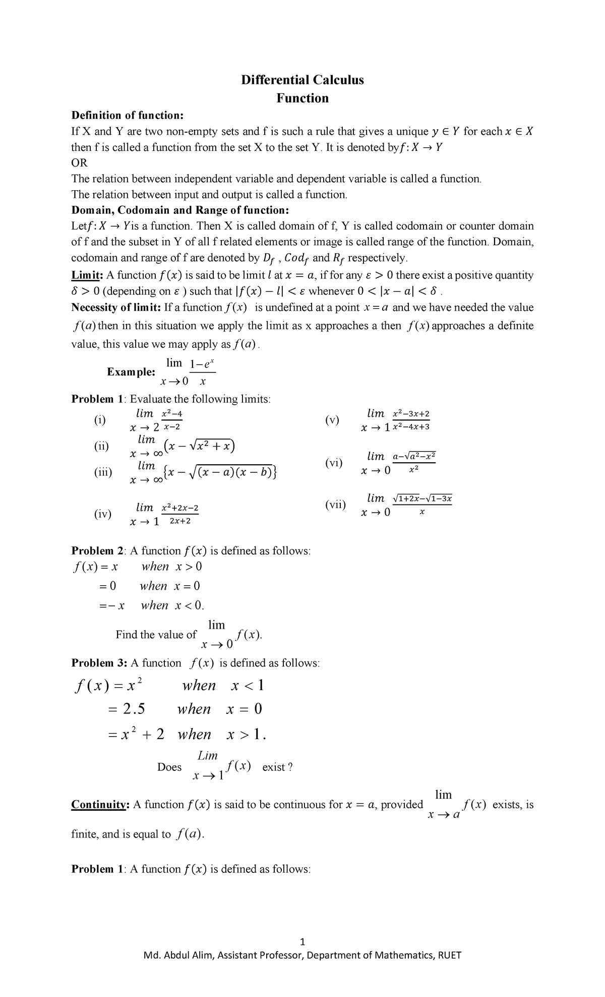 Differential Calculus - 1 Differential Calculus Function Definition of function: If X and Y are ...