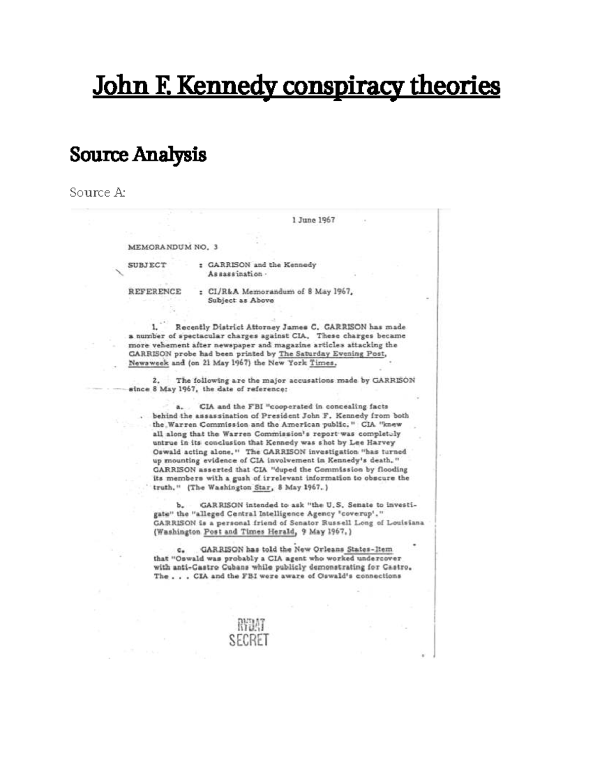 JFK Conspiracy Theories: Analyzing CIA Involvement (HIST 101) - Studocu