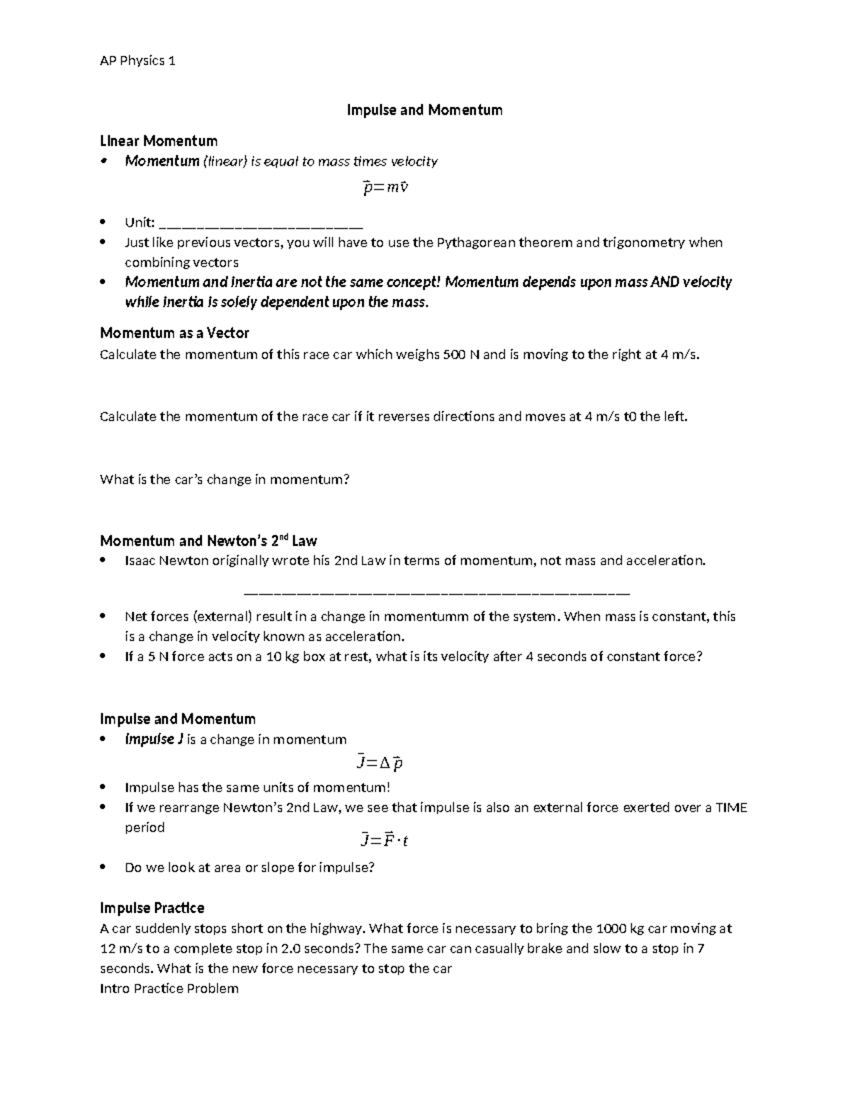 Unit 5 (AP) - Lesson 1&2 - Impulse, Momentum and Cons of Momentum ...