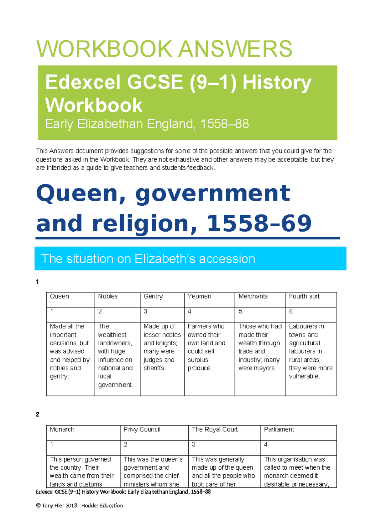 Edexcel GCSE (9–1) History Workbook: Early Elizabethan England Answers ...