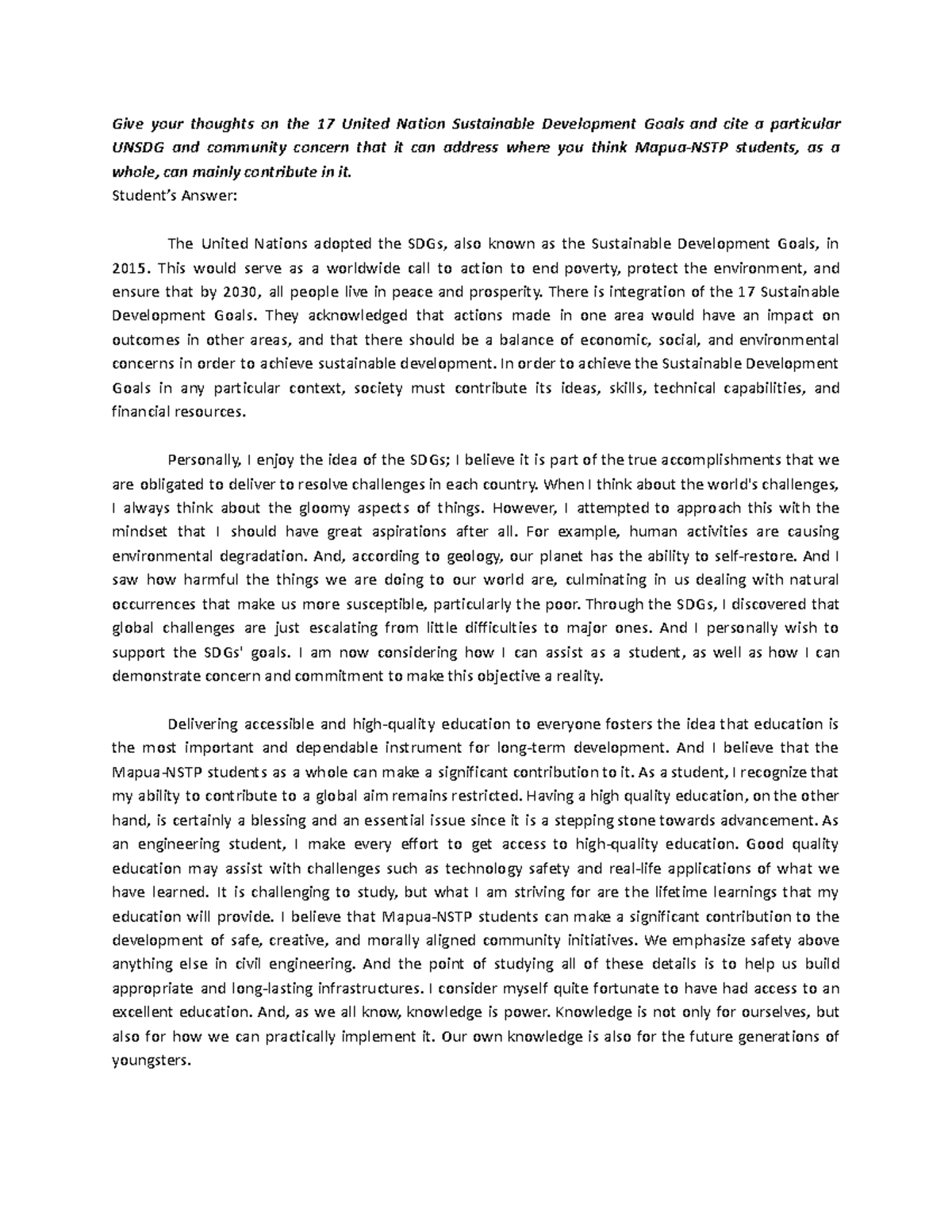 CWTS103 Term End Essay: Contributions to the 17 UN SDGs by NSTP ...