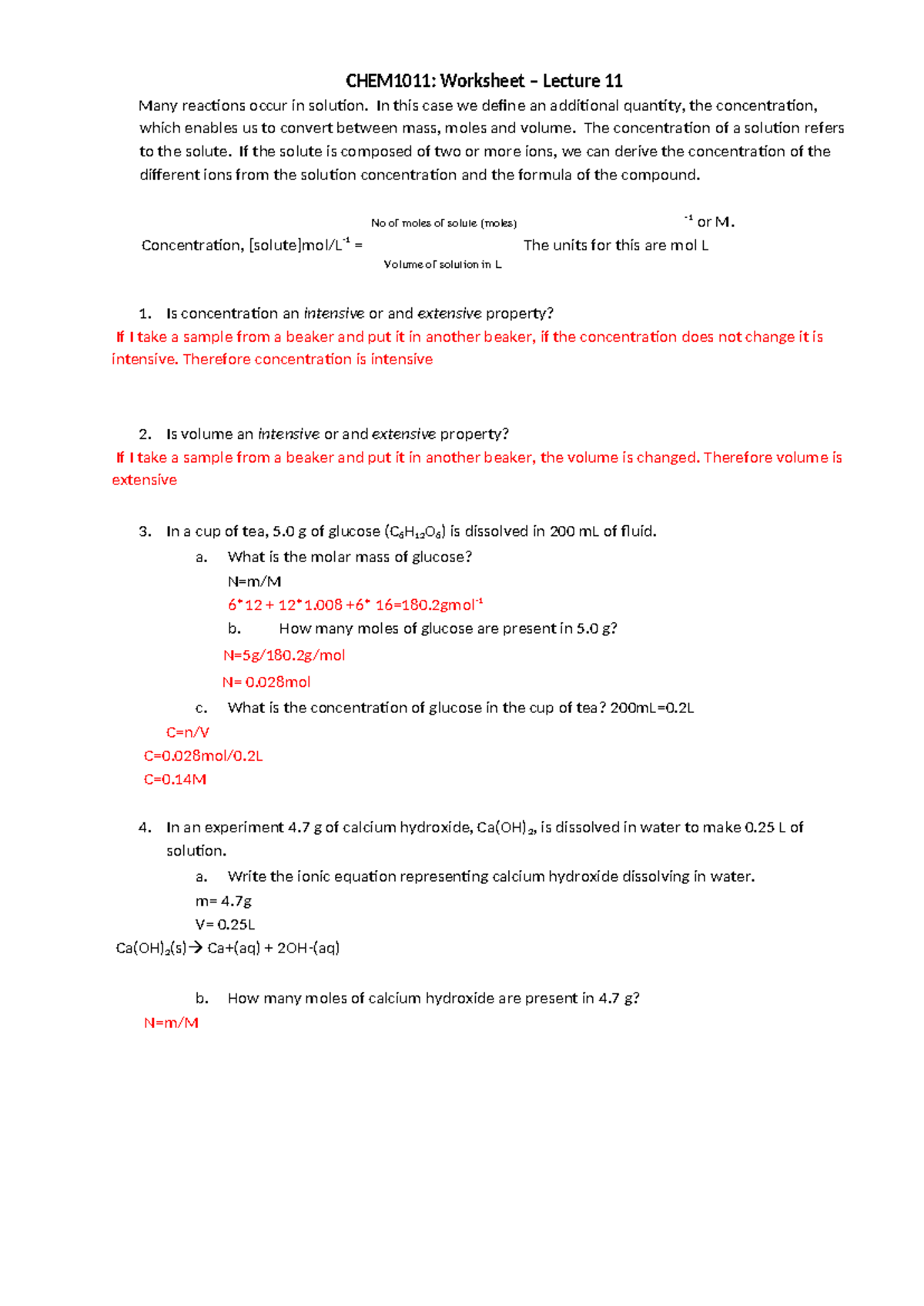 CHEM1011: Worksheet Lecture 11 - Understanding Solution Concentration ...