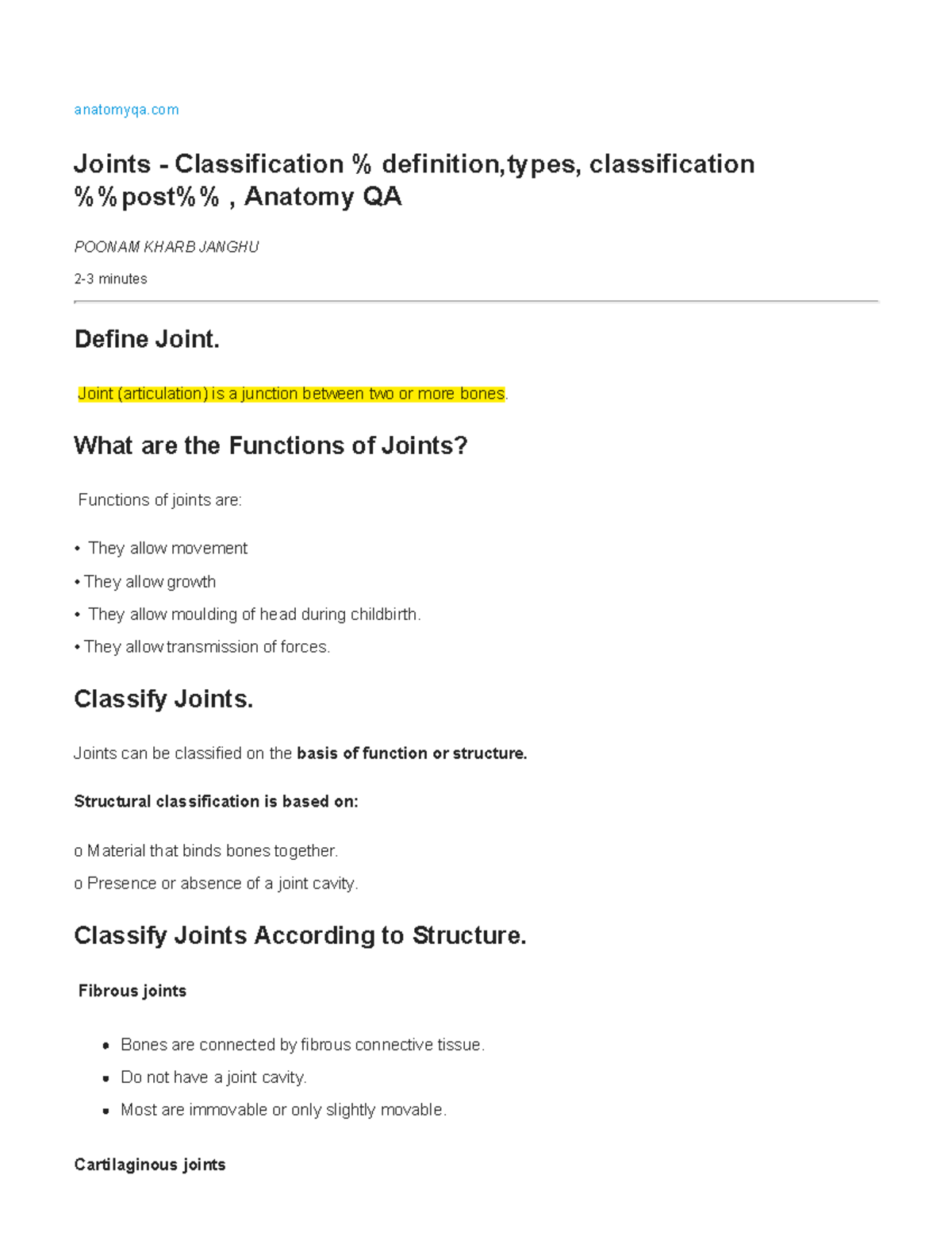 Joints Classification: Definition, Types, and Functions - Anatomy QA ...