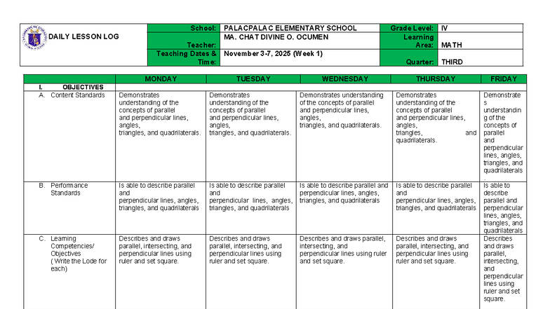 MATH 4 WEEK 1 LESSON PLAN: LINES & ANGLES - Studocu