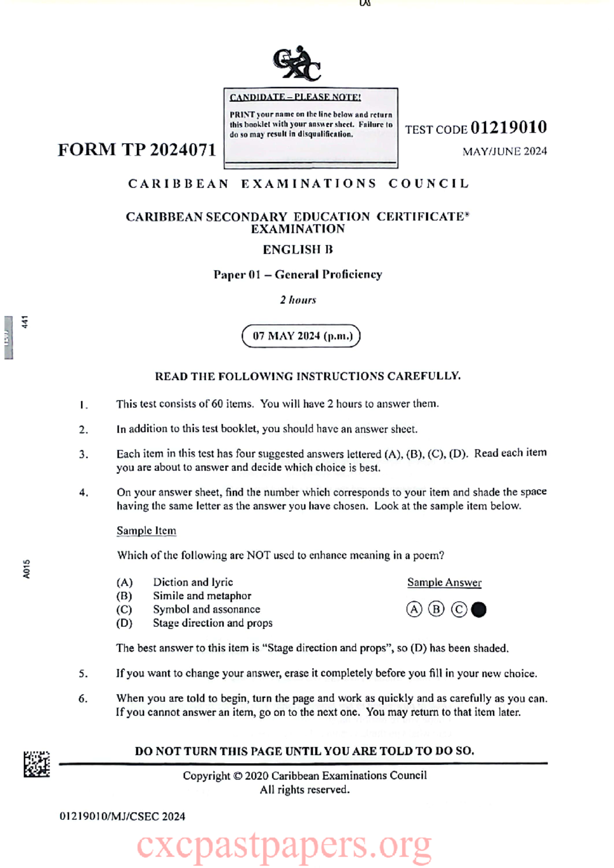 June 2024 CSEC English B Paper 1 Exam Instructions and Extracts - Studocu