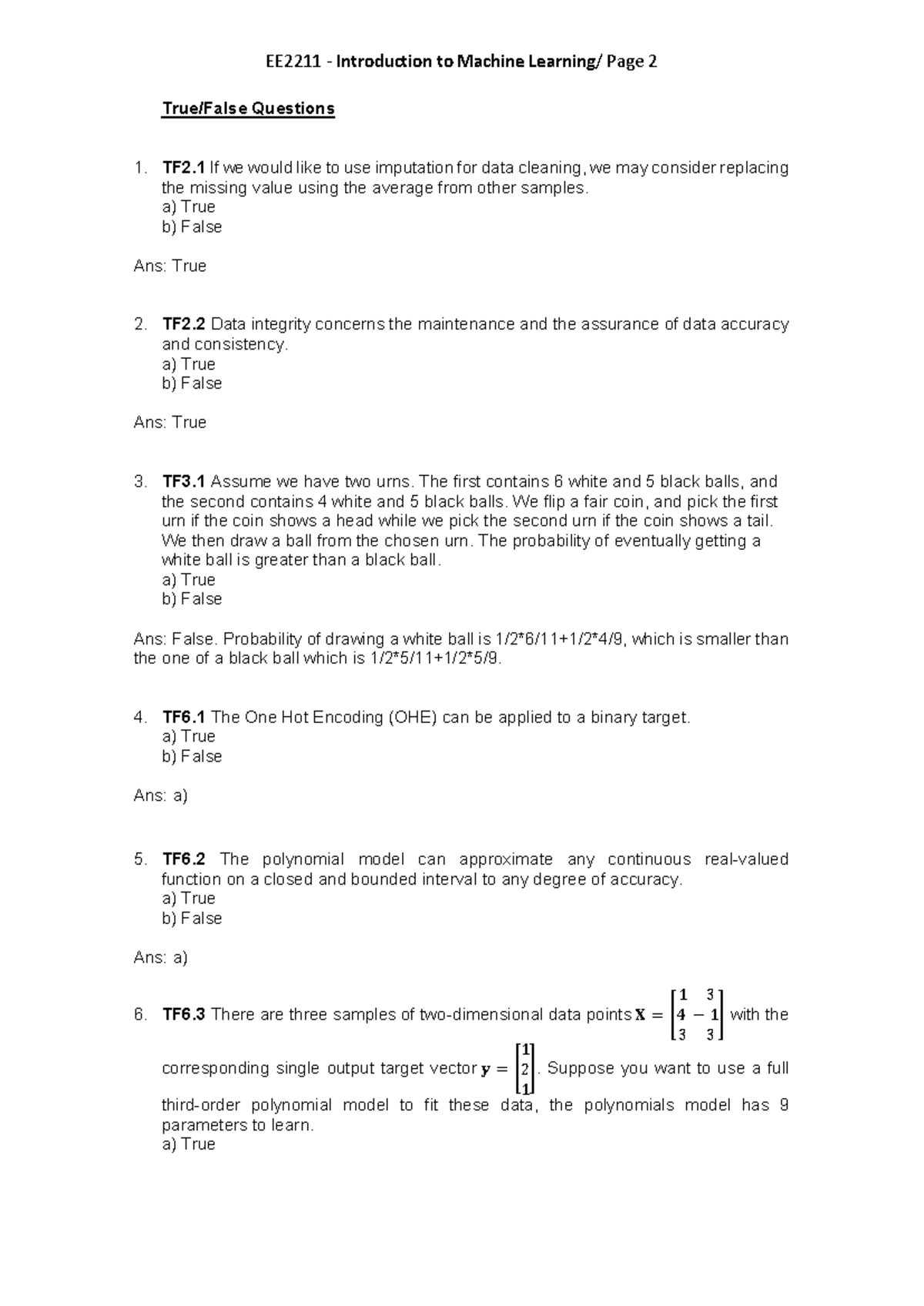 EE2211+Final Exam True/False & MCQ Answers - Studocu