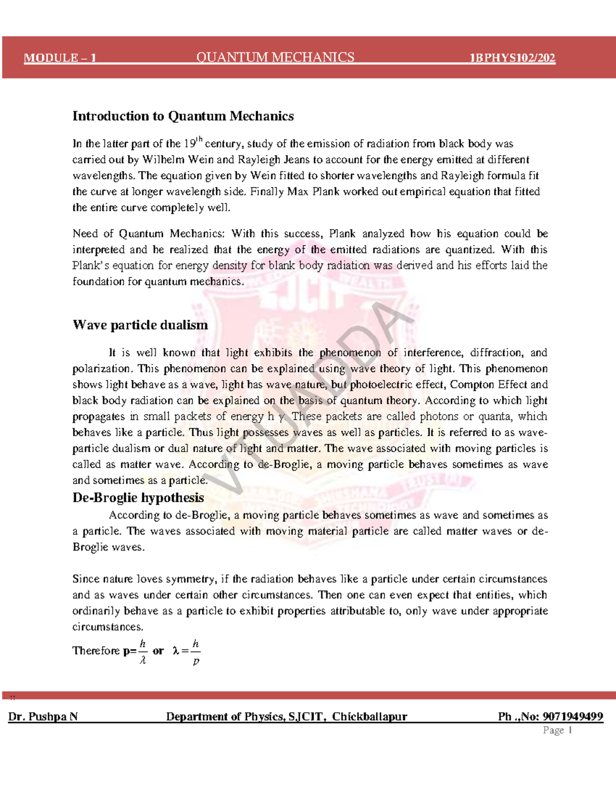 Module 1: Introduction to Quantum Mechanics Concepts and Principles ...