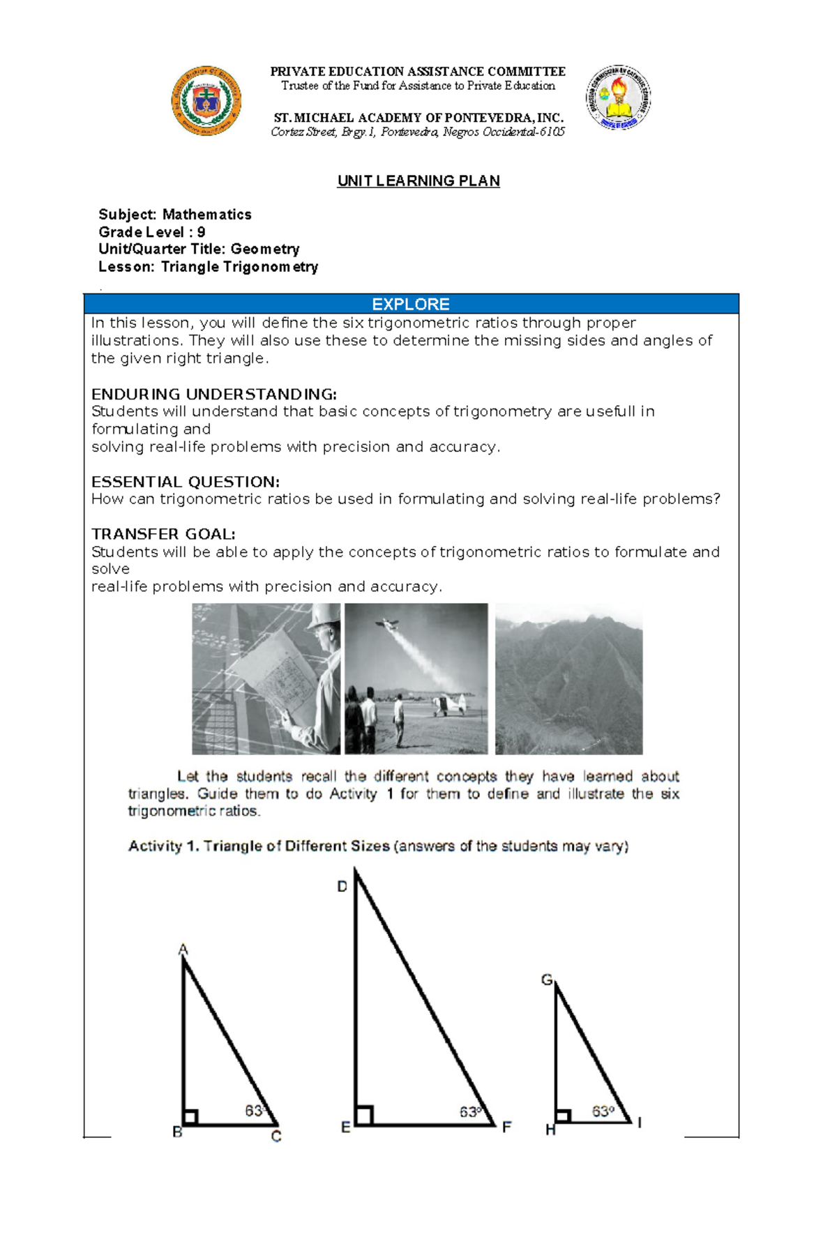 Q3 - LP - MATH 9 - Triangle Trigonometry Unit Learning Plan - Studocu