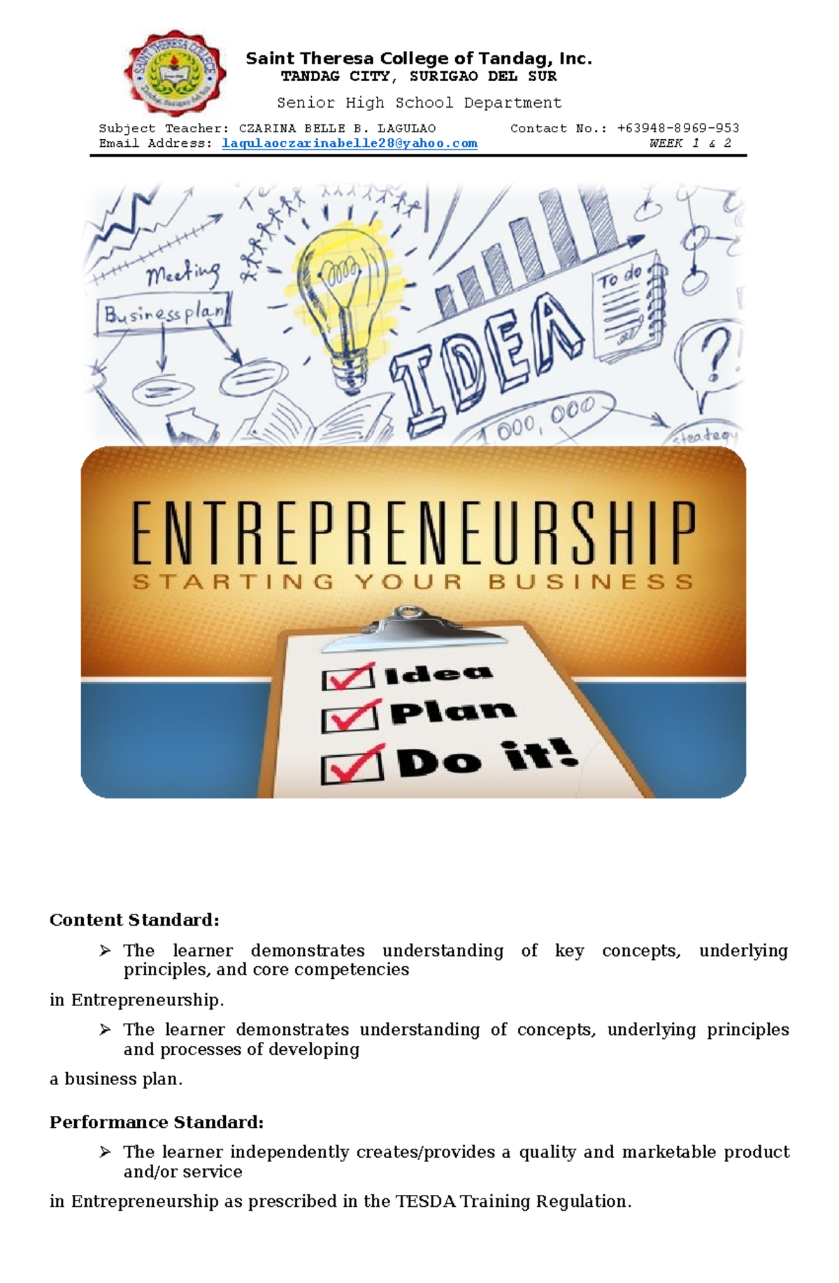 Entrepreneurship Module: Week 1 & 2 Overview and Business Plan ...
