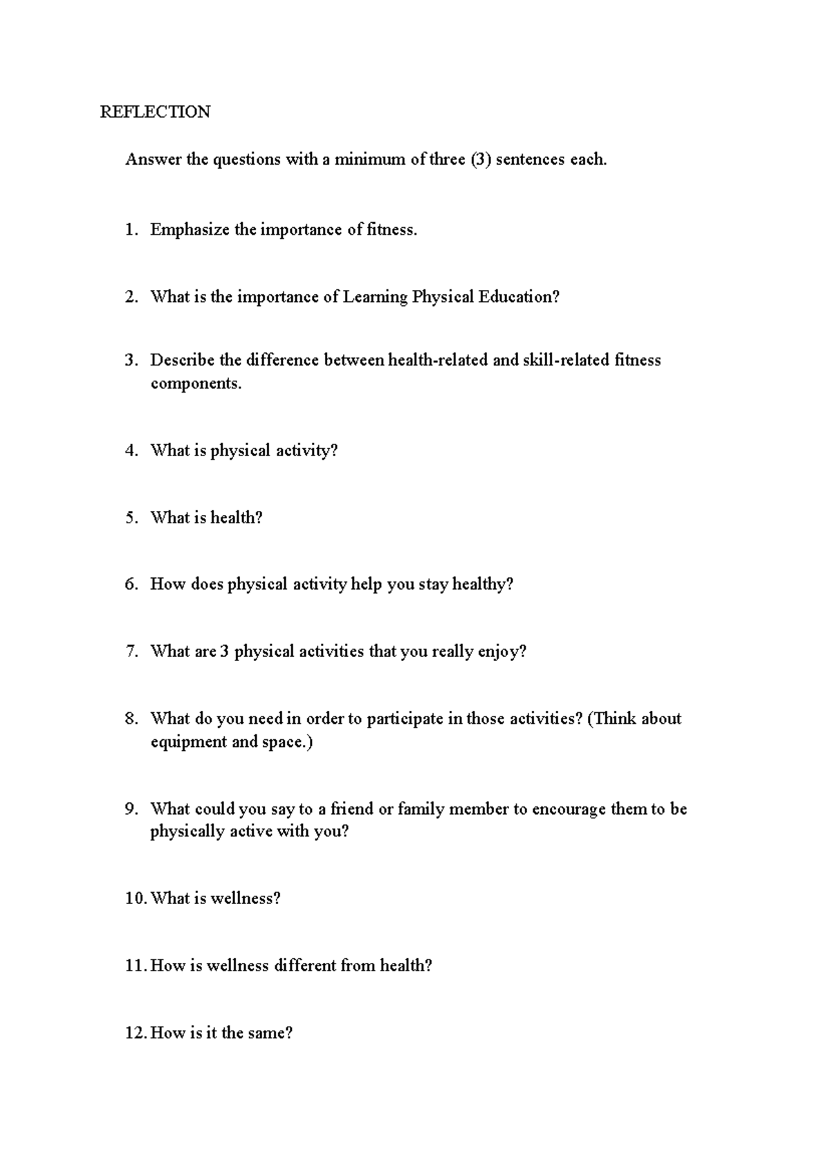 PE Reflection - Importance of Fitness and Wellness Concepts - Studocu