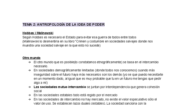 Tema 2: Antropología del Poder según Hobbes y Malinowski - Studocu
