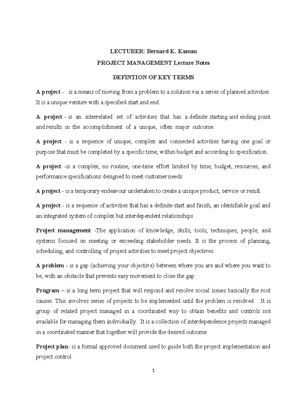 BCom Project Management Lecture Notes - Key Concepts & Definitions ...
