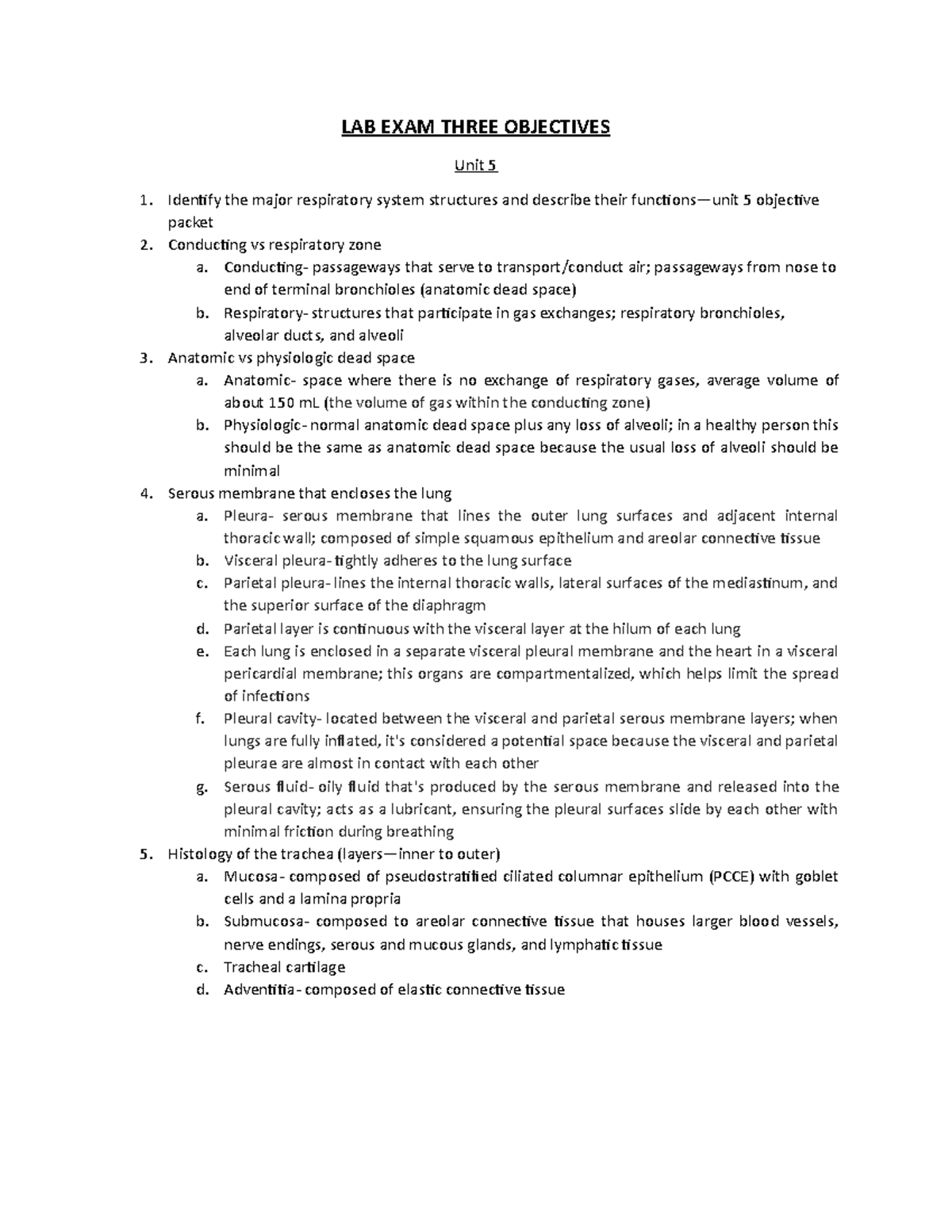 Lab Exam 3 Objectives: Respiratory, Urinary, and Digestive Systems ...