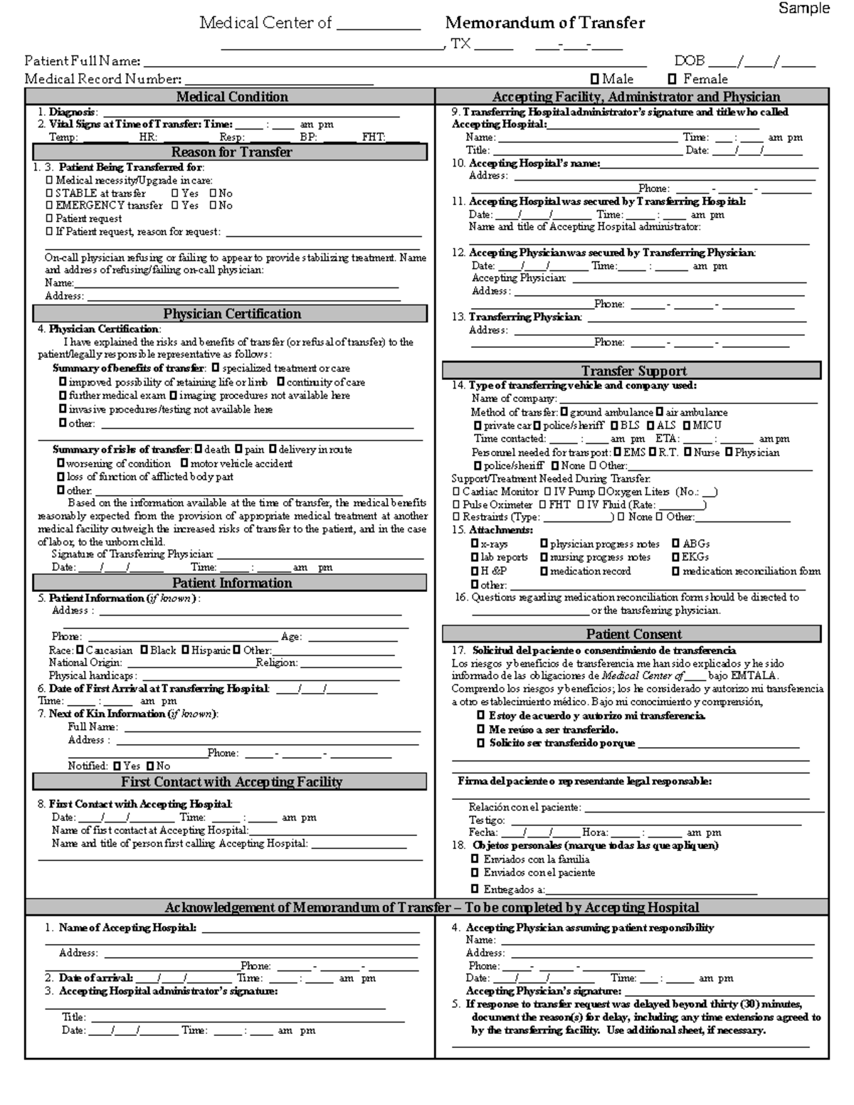 EMTALA Memorandum of Transfer: English-Spanish Bilingual Guide - Studocu