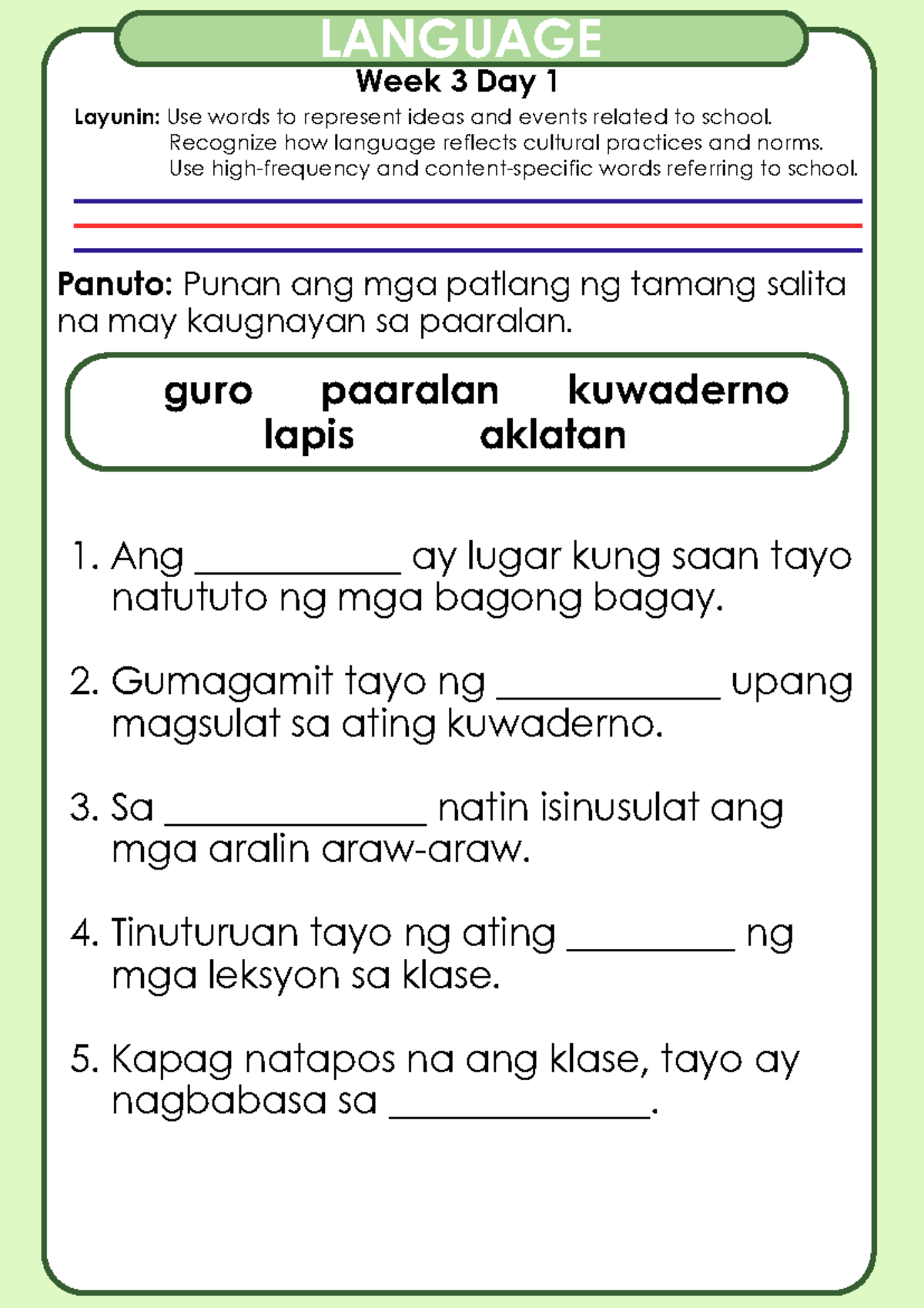 Q2 LANGUAGE Worksheet: Week 3 Activities on School Vocabulary - Studocu