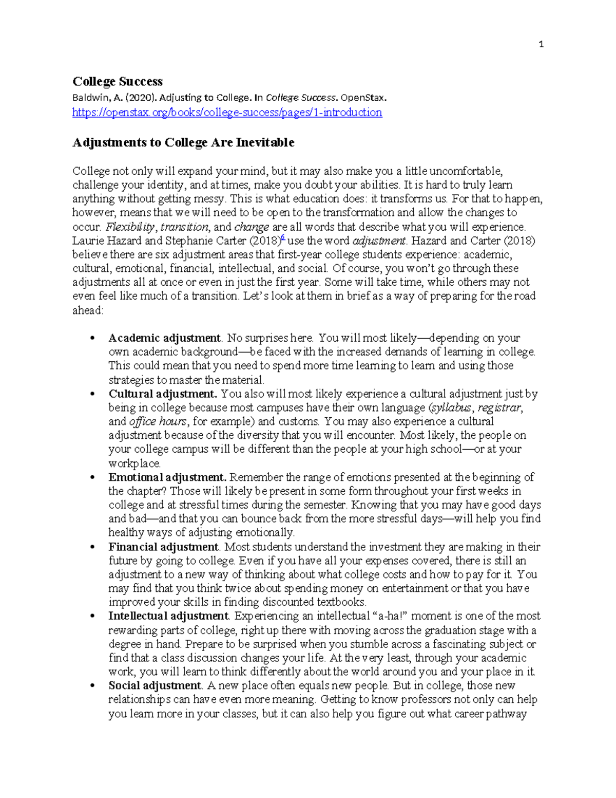 Adjusting to College: Key Areas for First-Year Success (COLLEGE101 ...