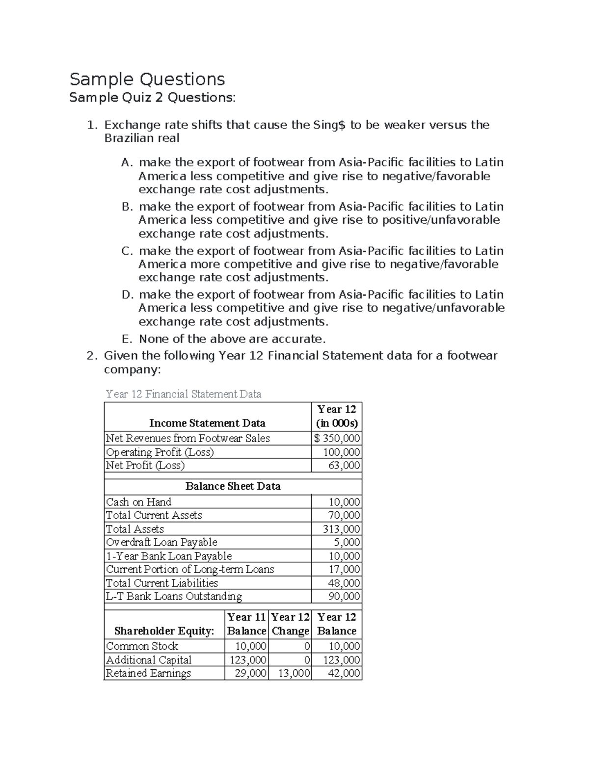 BSG Sample Quiz 2: Exchange Rate & Financial Statement Questions - Studocu