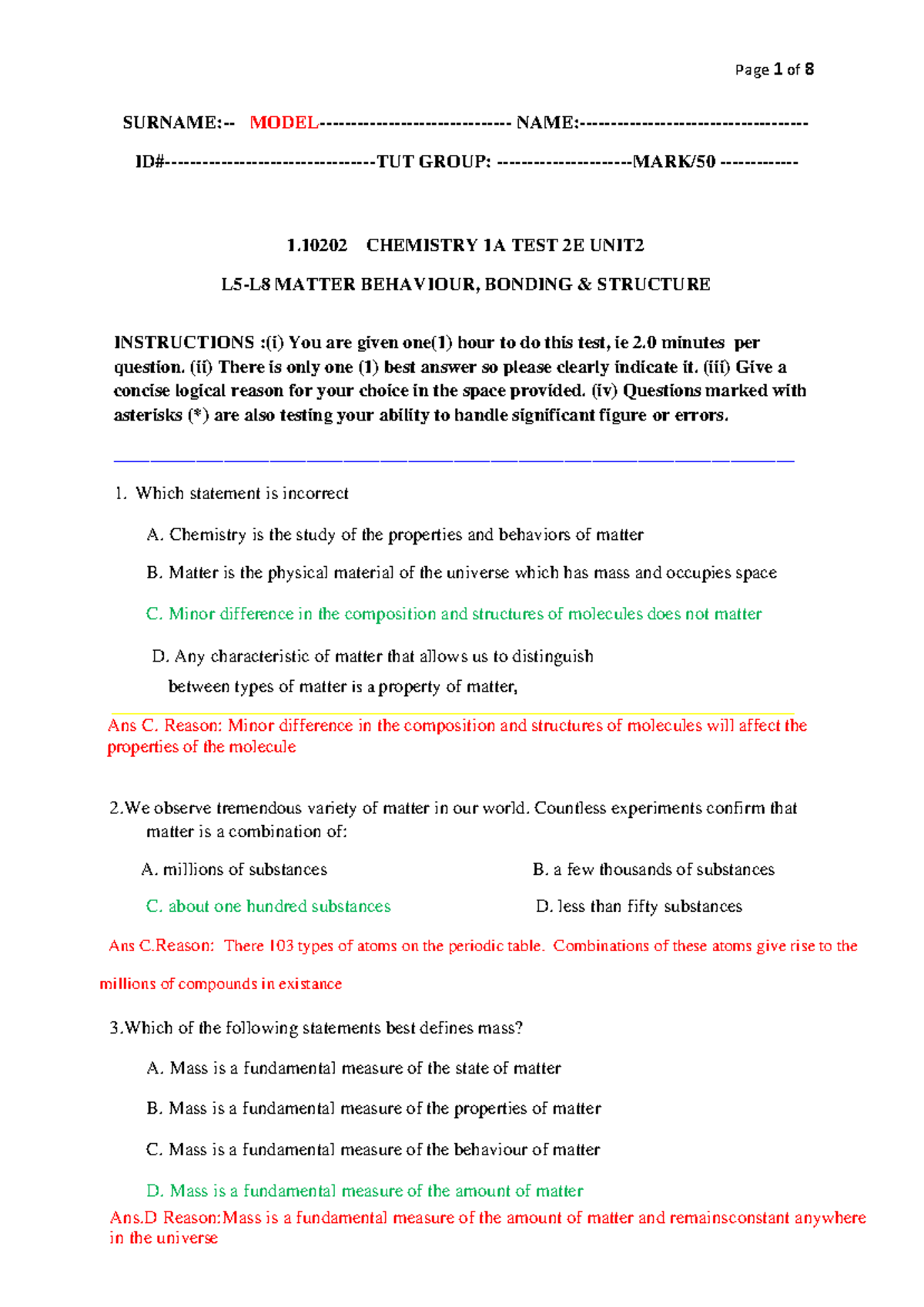 CHEM 1A Test 2E: Matter Behaviour & Bonding Concepts - Studocu