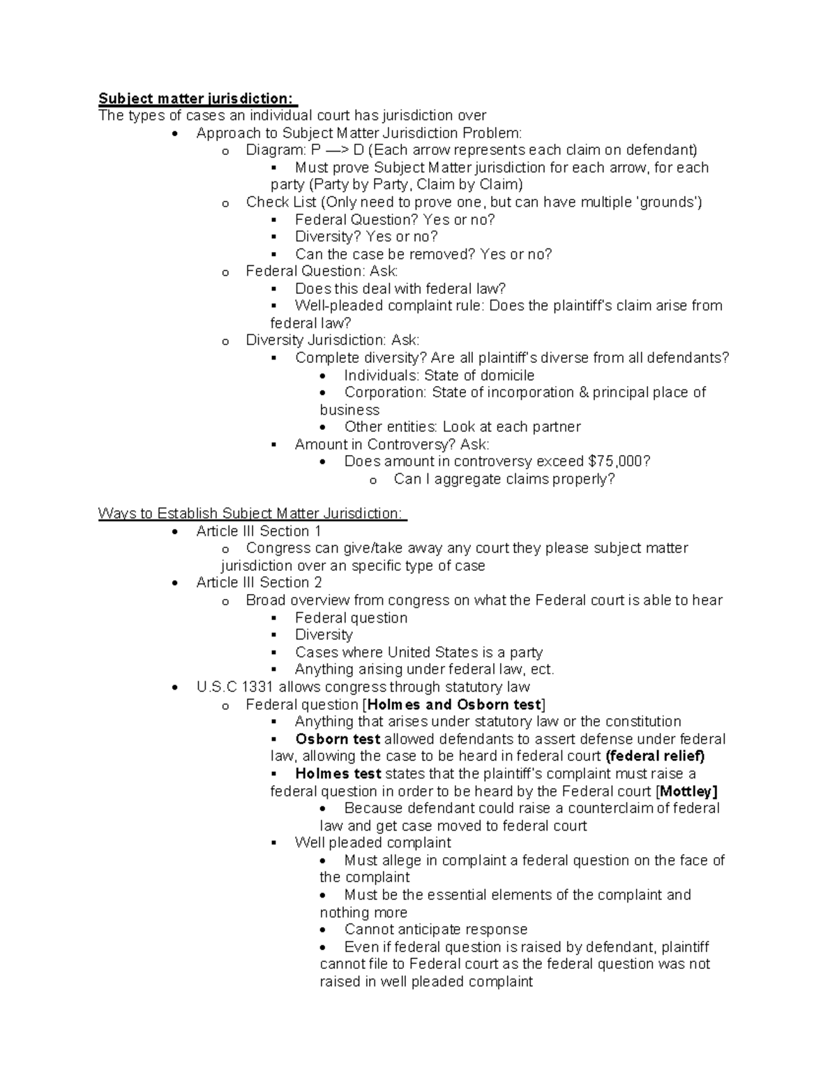 CIV PRO Outline: Understanding Subject Matter Jurisdiction and Related ...