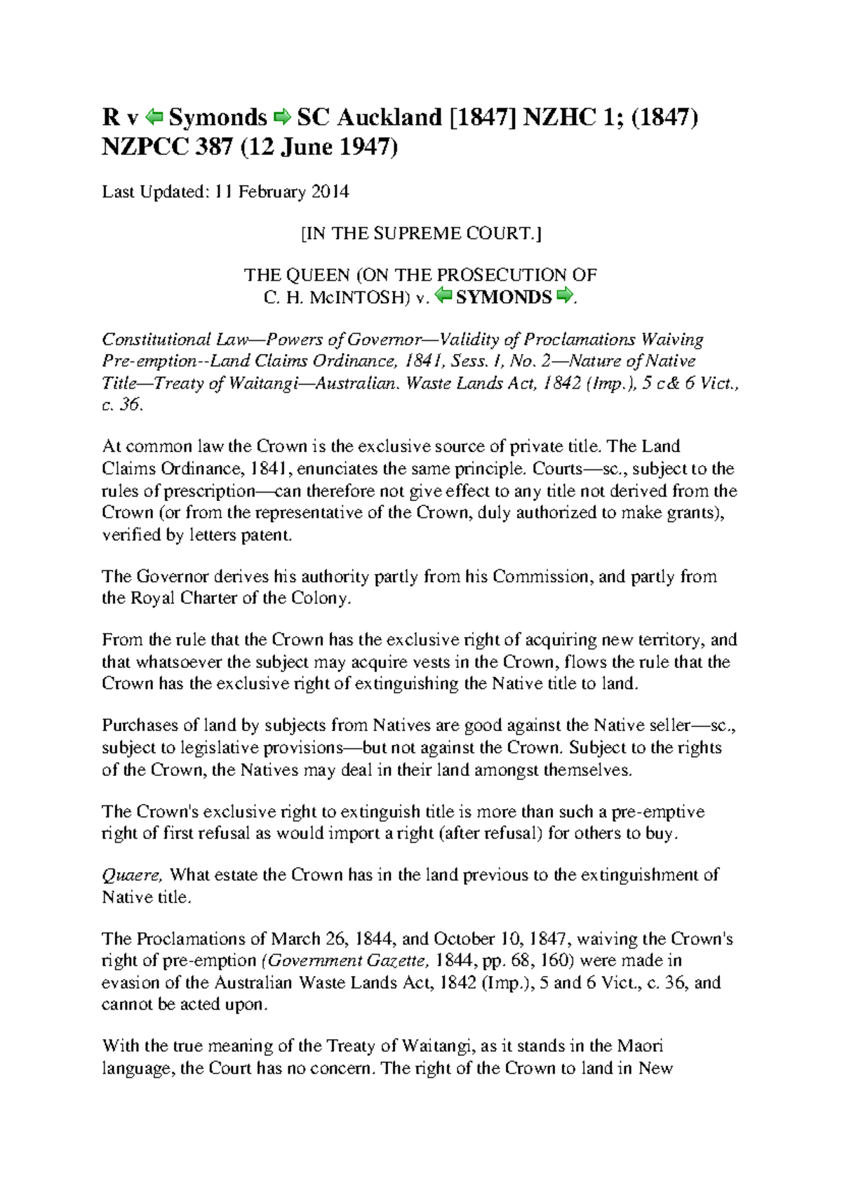 R v Symonds - Key Legal Principles and Native Title Issues - Studocu