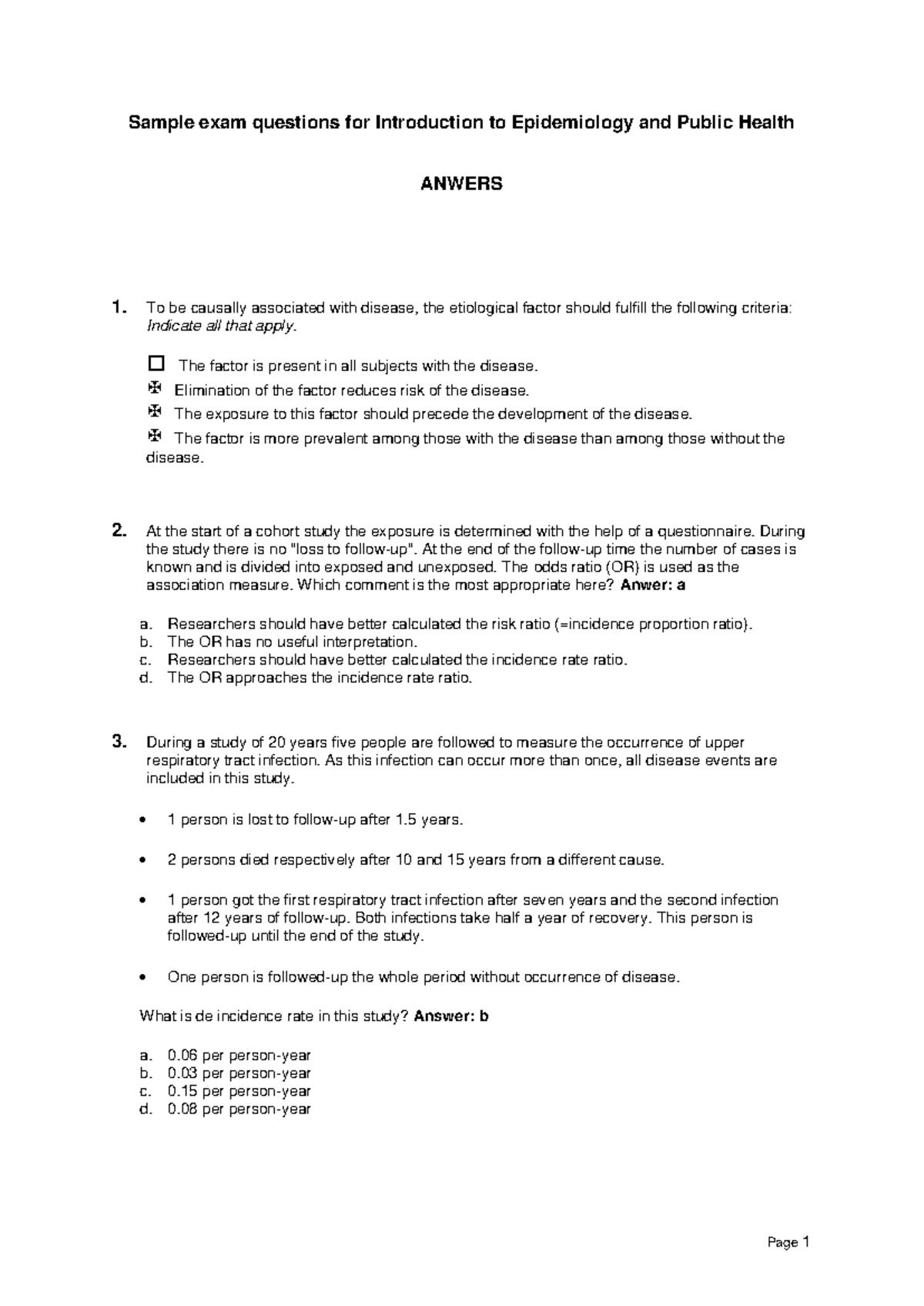 EPI 101: Sample Exam Answers for Intro to Epidemiology and Public ...