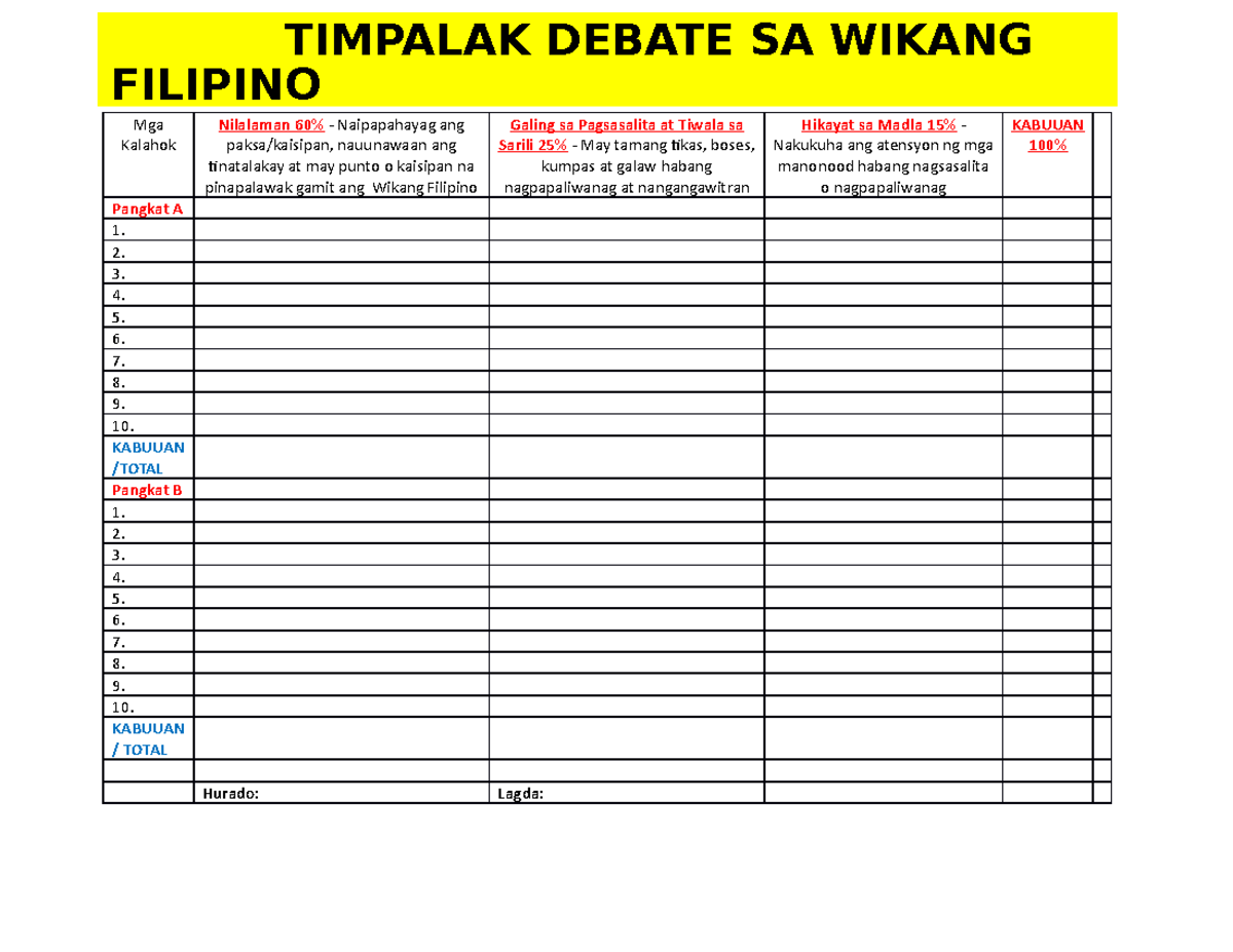 Pamantayan sa Timpalak Debate sa Wikang Filipino - Studocu