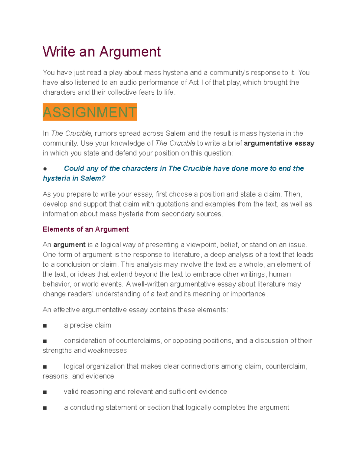Unit 5.2.8 Argumentative Essay on Hysteria in The Crucible - Studocu