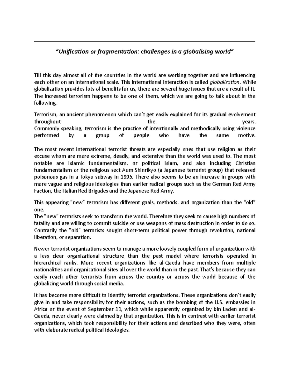 Globalization and Terrorism: Unification or Fragmentation Challenges ...
