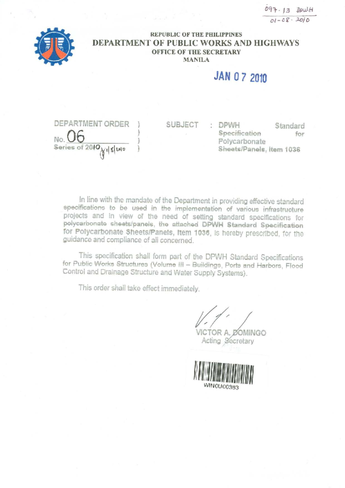 DO 006 S2010 - DPWH Standard Specification for Polycarbonate Item 1036 ...