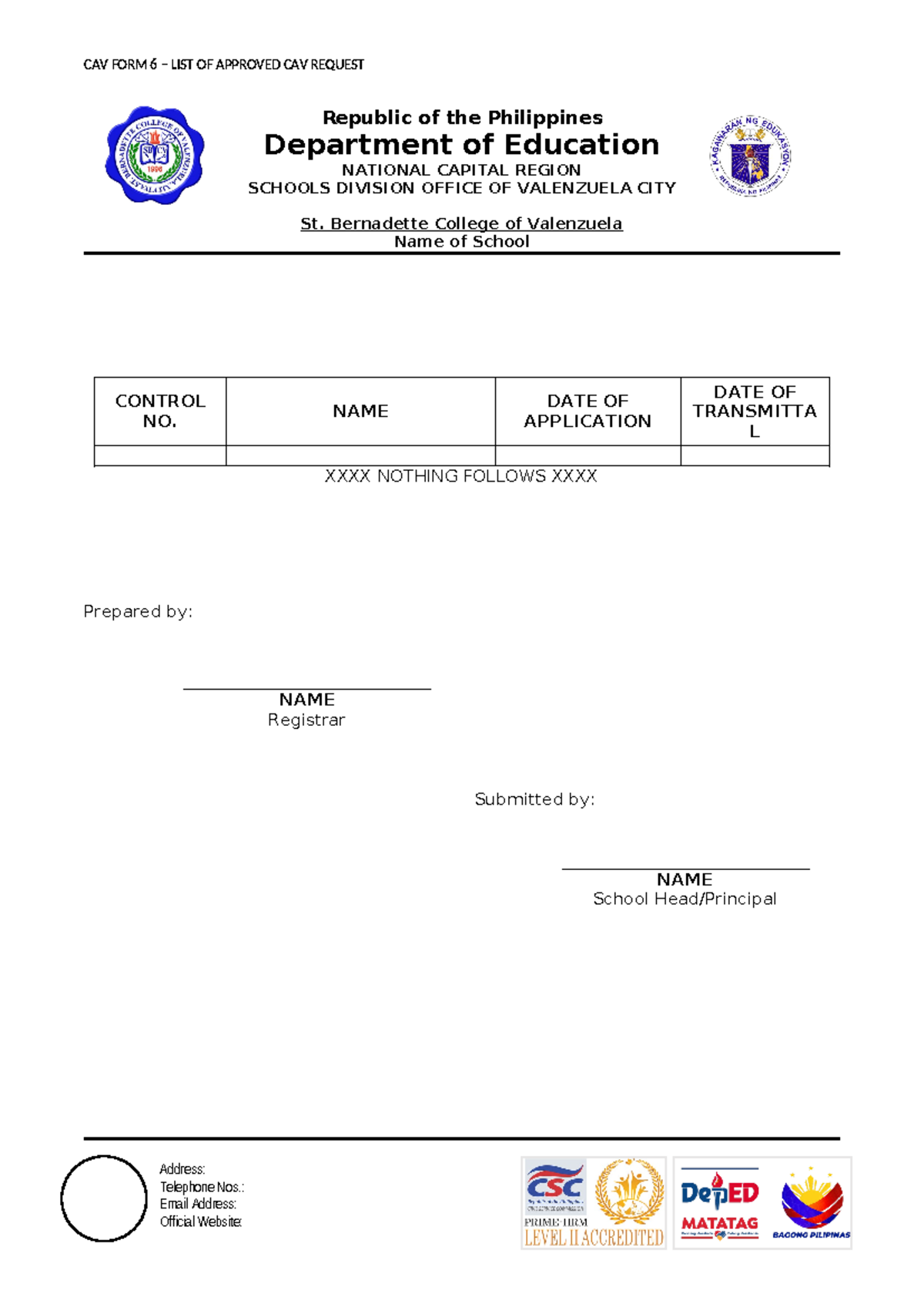 CAV FORM 6 - LIST OF Approved CAV Request - CAV FORM 6 – LIST OF ...