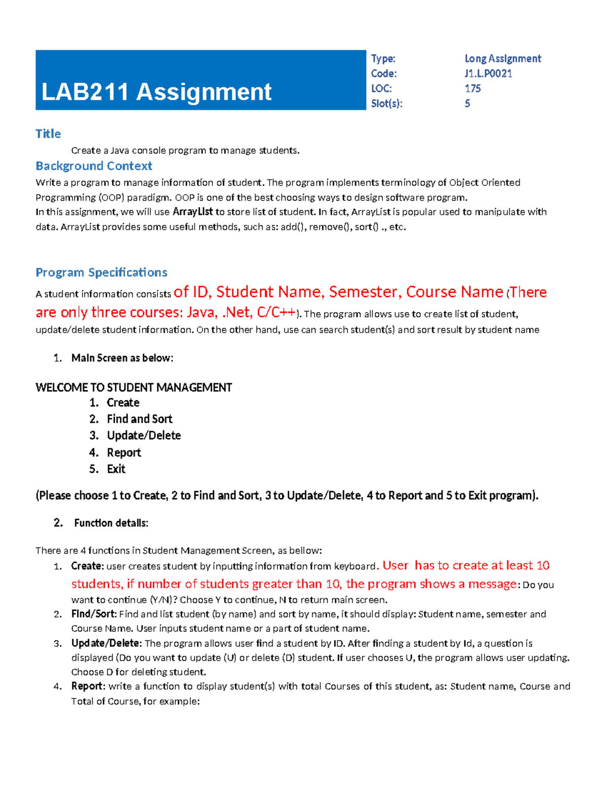 LAB211 Long Assignment: Java Student Management Program - Studocu