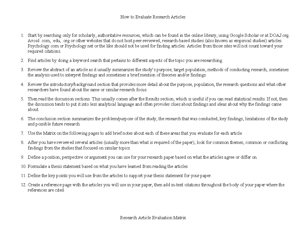 Synthesis Matrix - How to Evaluate Research Articles Start by searching ...