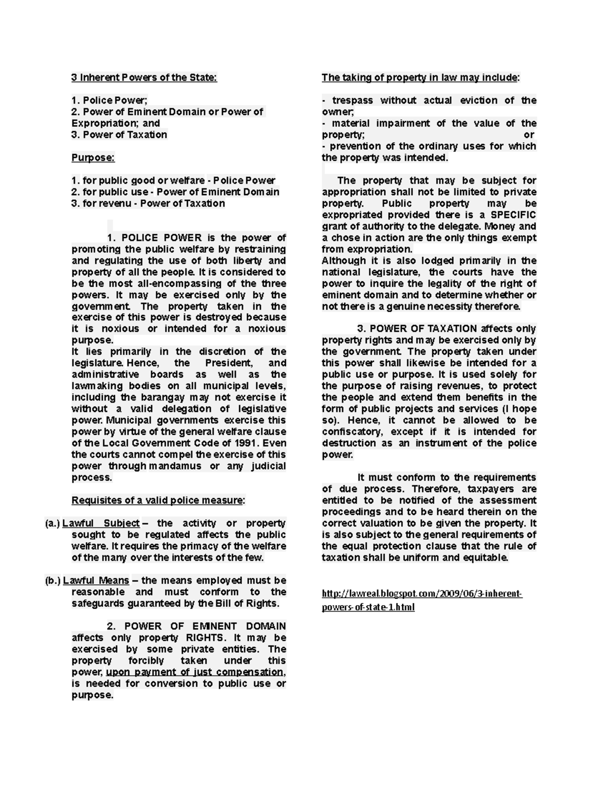 Inherent Powers of the State: Police, Eminent Domain & Taxation - Studocu