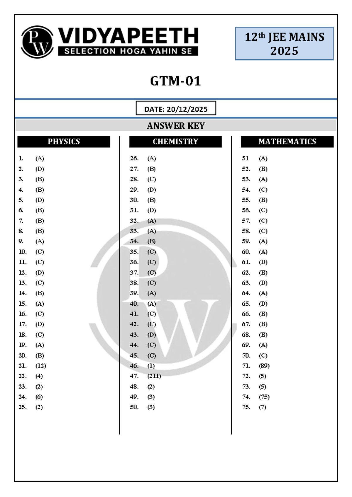 12th JEE MAINS 2025: GTM-1 Answer Key & Solutions - Studocu