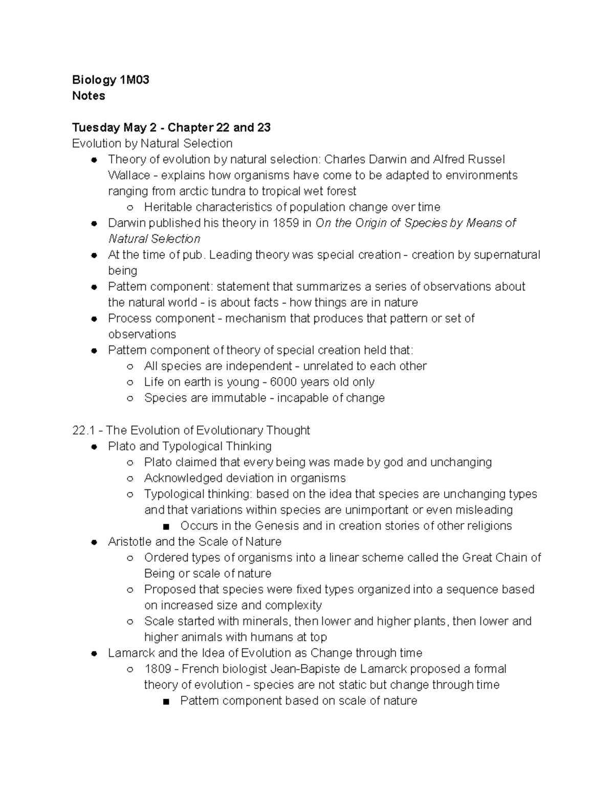 Bio 1M03 Notes - Biology 1M Notes Tuesday May 2 - Chapter 22 and 23 ...