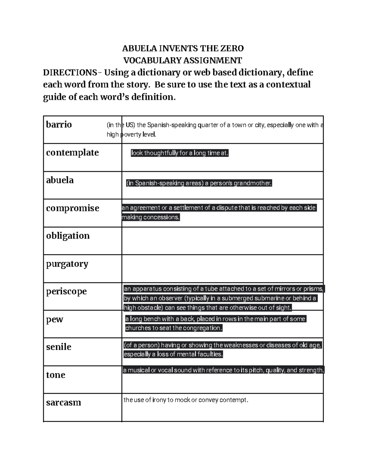 ABUELA INVENTS THE ZERO VOCABULARY ASSIGNMENT DEFINITIONS - Studocu