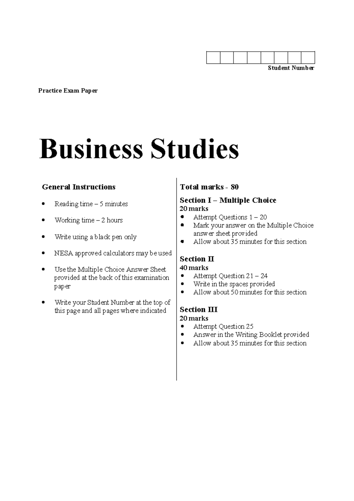 Business Studies Practice Exam Paper (11 BUS) - Total Marks 80 - Studocu