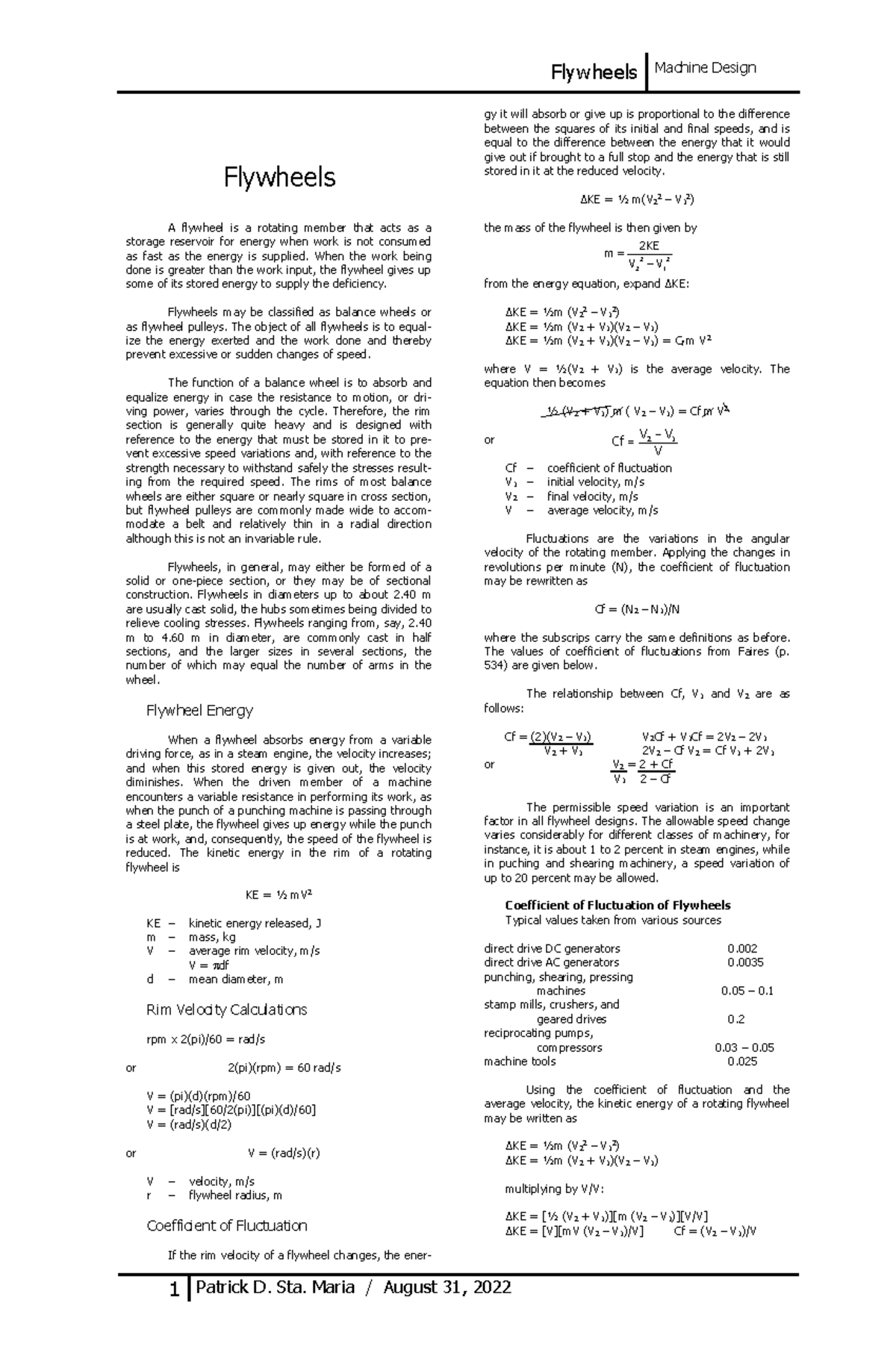 Flywheel Principles and Energy Calculations - ME 04 Long Design Notes ...