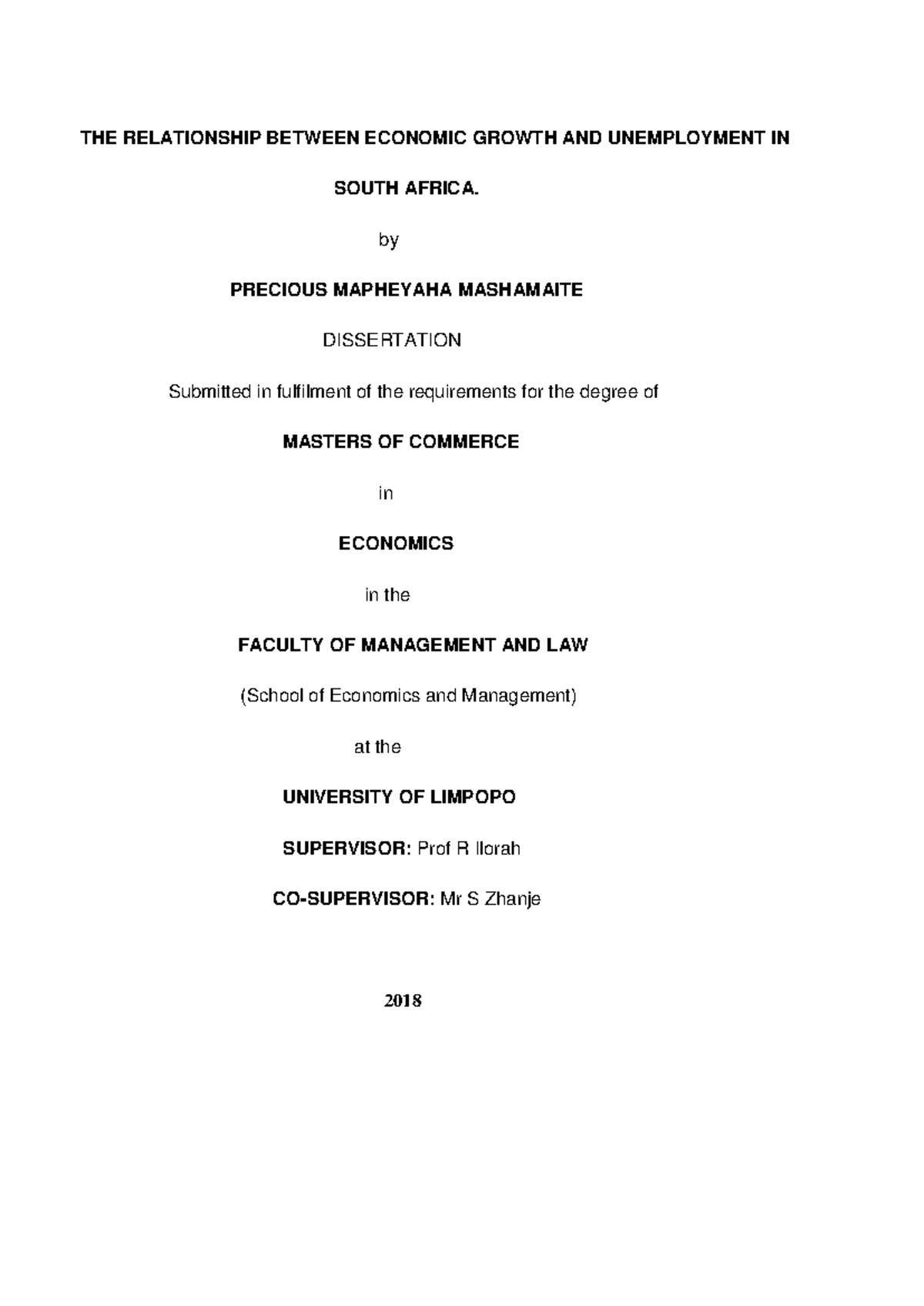 ECON 701: Economic Growth & Unemployment in South Africa - Dissertation ...