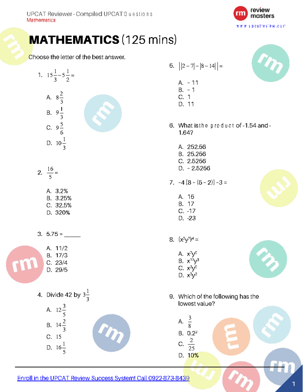 Upcat Reviewer: Masters in Mathematics T2Y Exam Prep - Studocu