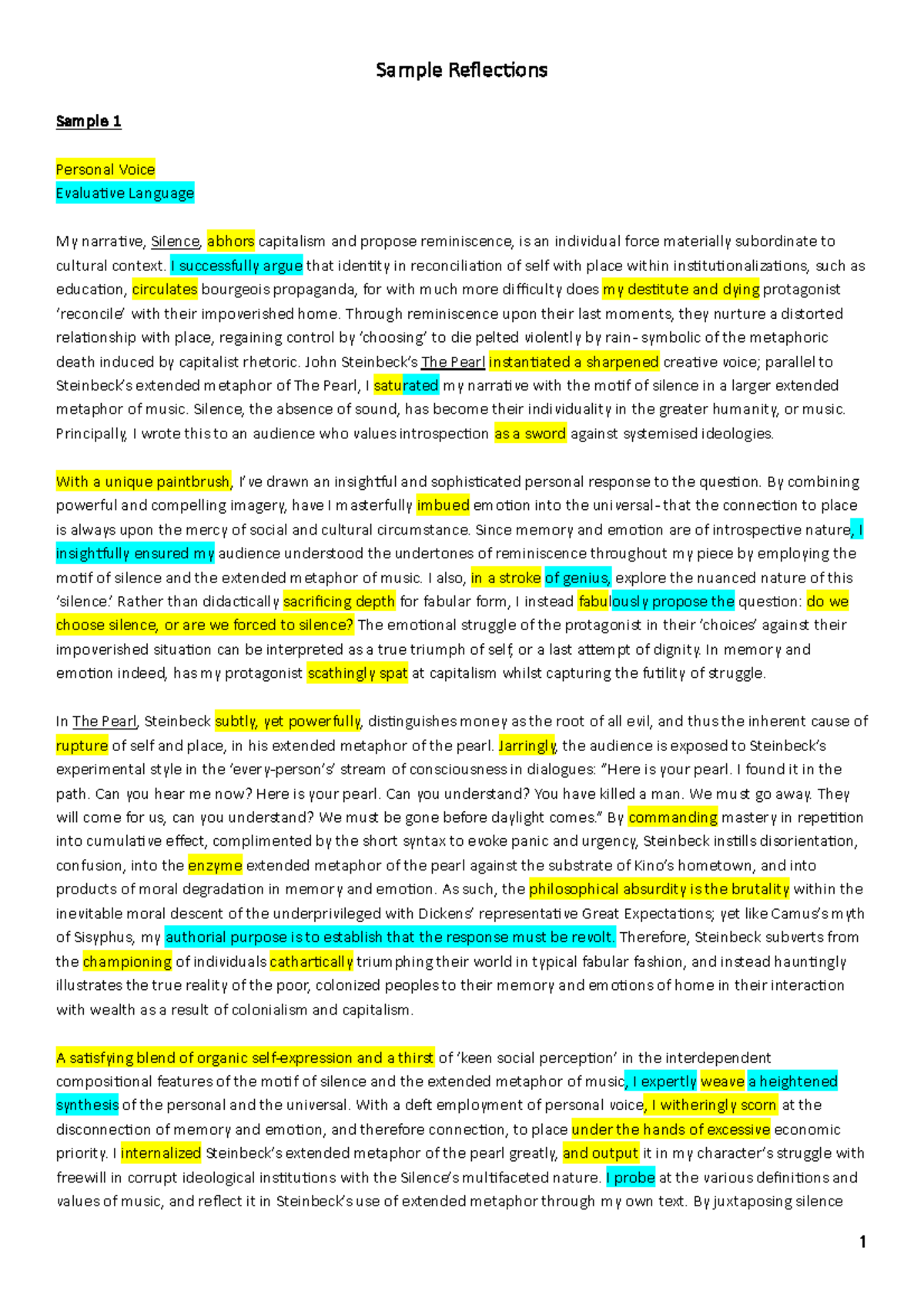 Sample Reflections 2024 - Sample Reflec+ons Sample 1 Personal Voice ...