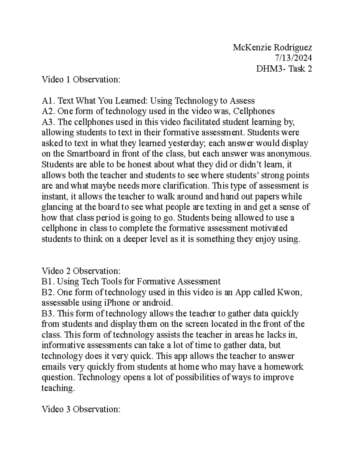 Teaching Observations - McKenzie Rodriguez 7/13/ DHM3- Task 2 Video 1 ...