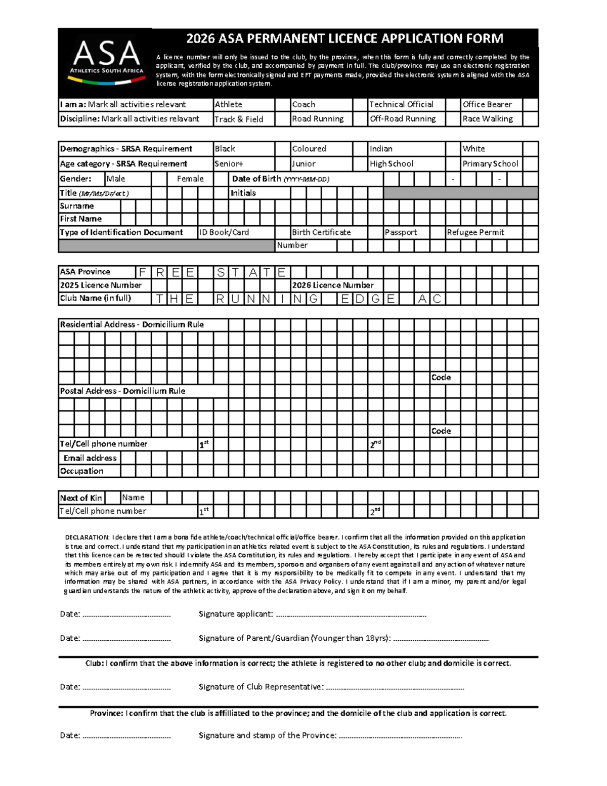 2026 ASA Permanent License Application Form - Track & Field - Studocu