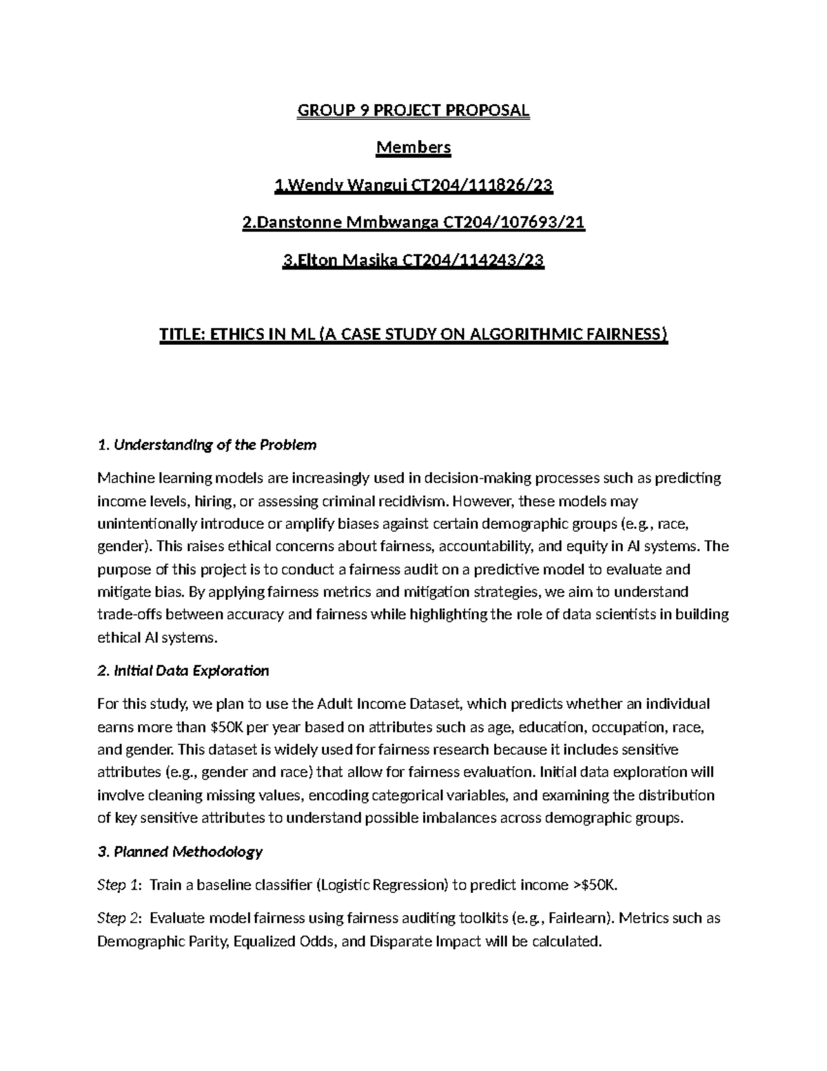 GROUP 9 PROJECT PROPOSAL: ETHICS IN ML - A CASE STUDY ON FAIRNESS - Studocu