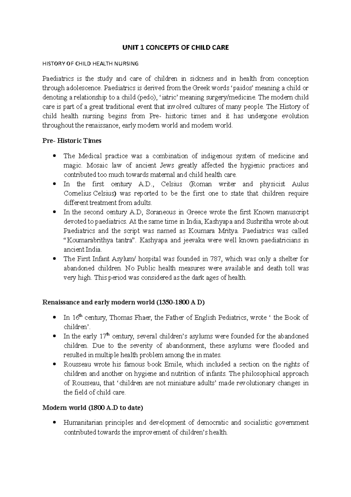 Child Care Concepts - Unit 1 Overview and Key Developments - Studocu